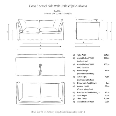Coco 3 seater sofa with Contrast Welt Knife Edge cushion in Andrew Mar ...